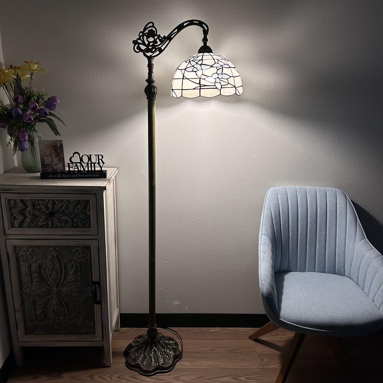 enjoy decor lamps Tiffany Floor Lamp White Stained Glass Flowers LED Bulb Included Gooseneck Adjustable Corner Standing Reading Light for Living Room Bedroom 20" W*12" D*63" H