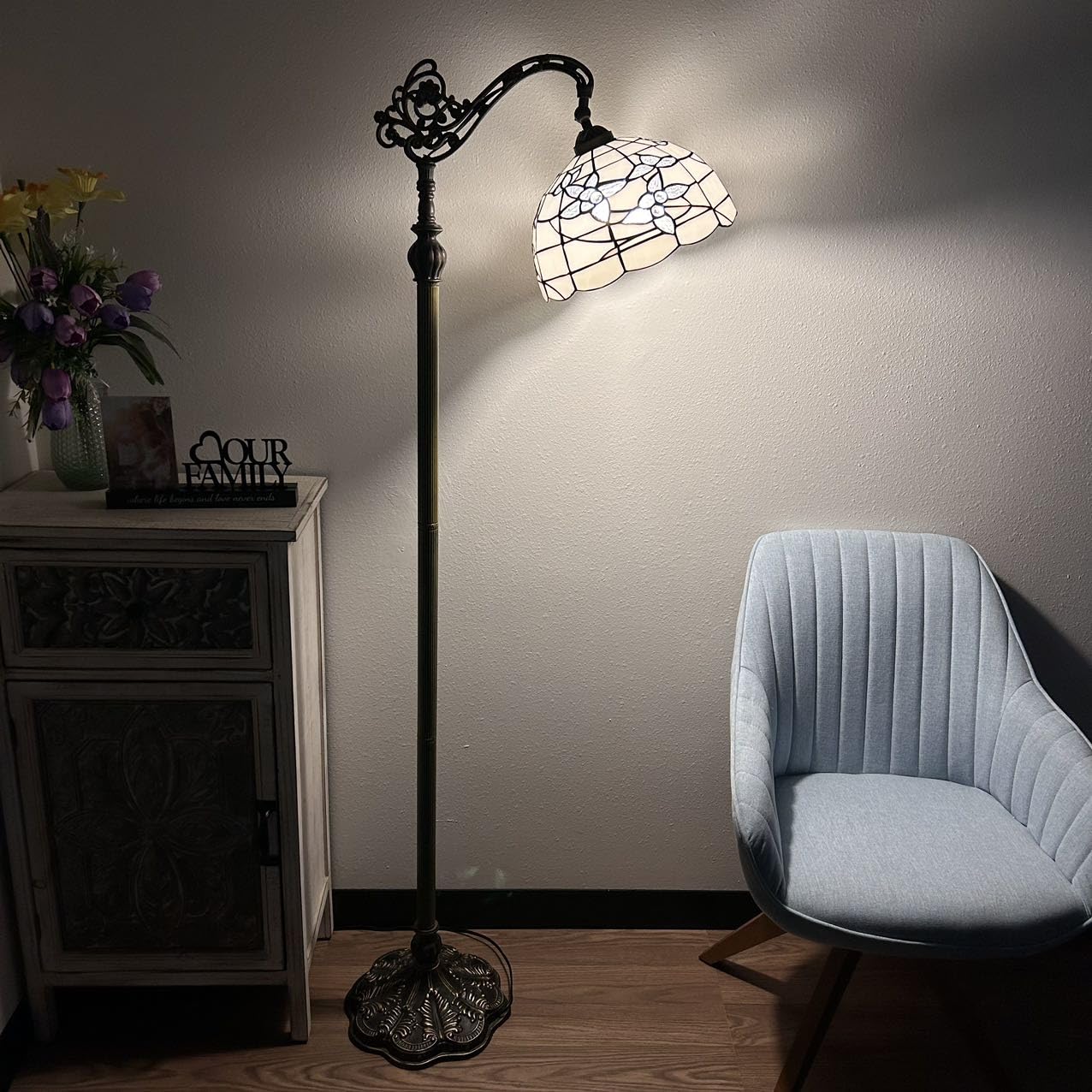 enjoy decor lamps Tiffany Floor Lamp White Stained Glass Flowers LED Bulb Included Gooseneck Adjustable Corner Standing Reading Light for Living Room Bedroom 20" W*12" D*63" H