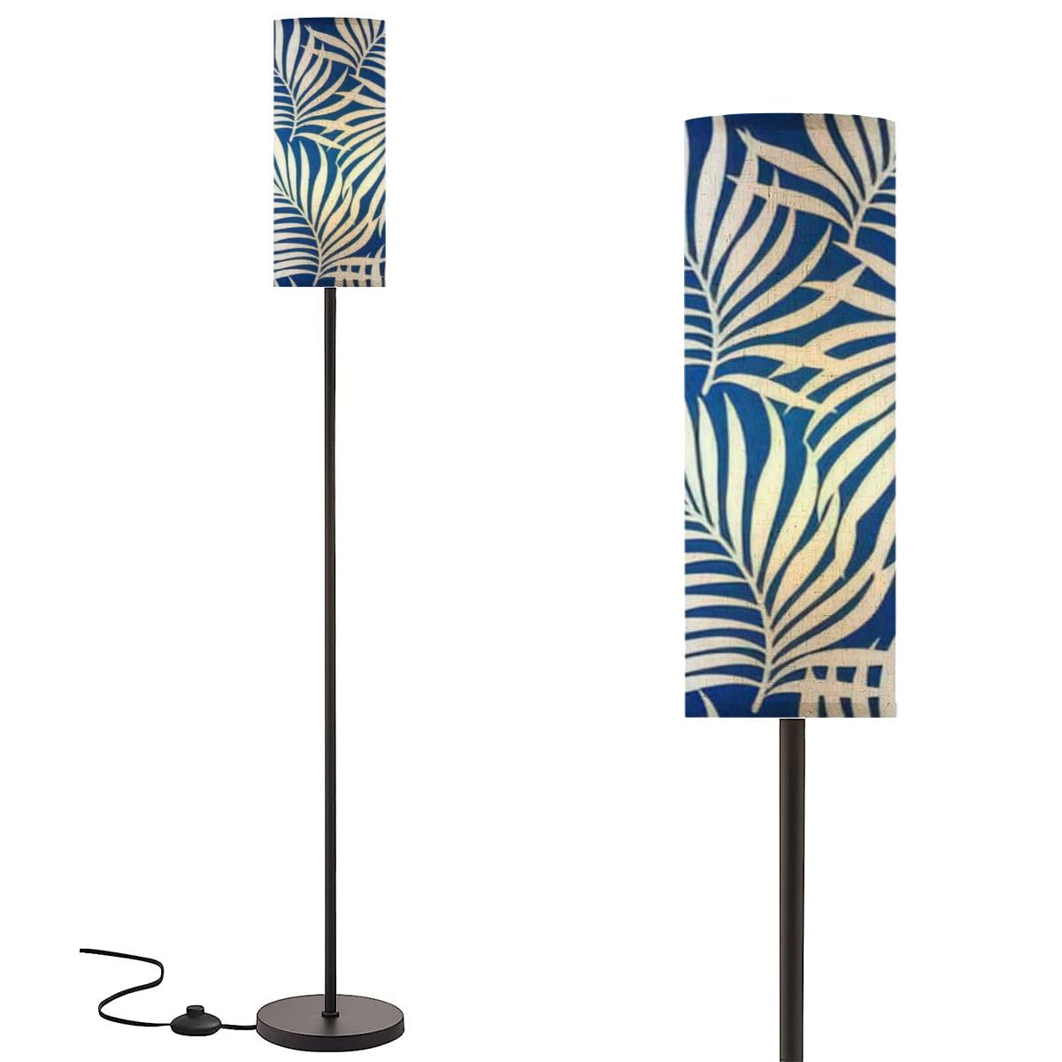 Modern Standing Lamps repeating pattern silhouettes palm tree leaves blue Minimalist Floor Lamp Metal Pole Lamp with Linen Lampshade for Bedroom Living Room Office Nursery Reading Foot Switch