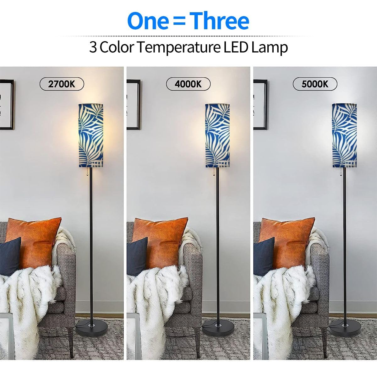 Modern Standing Lamps repeating pattern silhouettes palm tree leaves blue Minimalist Floor Lamp Metal Pole Lamp with Linen Lampshade for Bedroom Living Room Office Nursery Reading Foot Switch