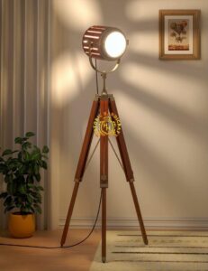 historic handicraft vintage collectible designer spotlight lamp nautical maritime hollywood searchlight floor lamp with tripod stand, standing reading lamp for living room, bedroom