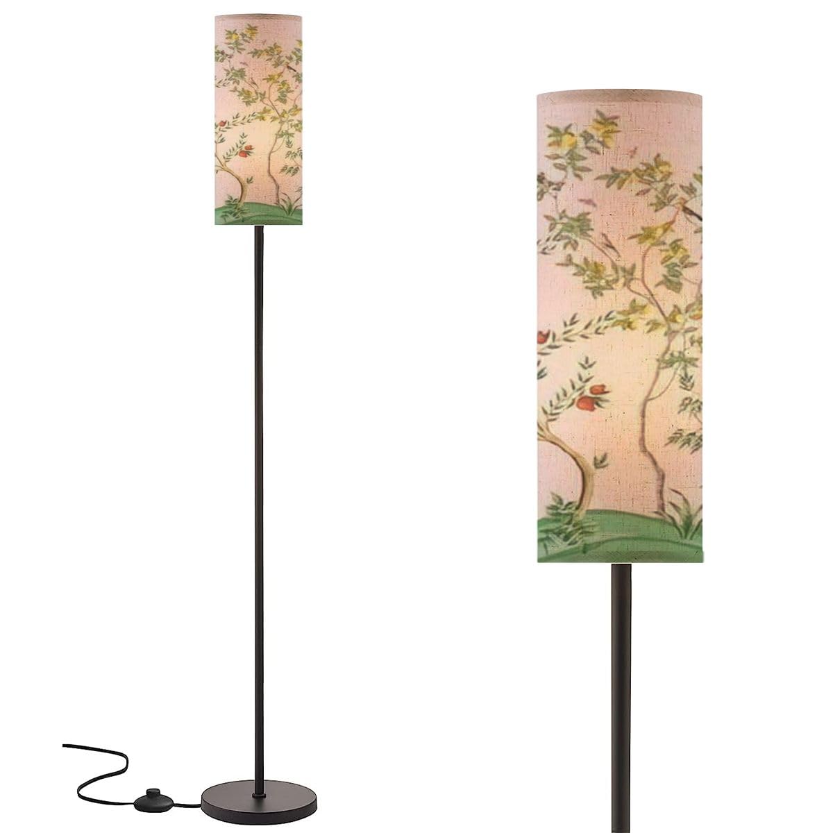 RZNTJHUINA Modern Standing Lamps Chinoiseries Style Pattern Peonies Trees Birds Minimalist Floor Lamp Metal Pole Lamp with Linen Lampshade for Bedroom Living Room Office Nursery Reading Foot Switch