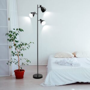 JEUNEU Black Metal Tree Floor Lamp Modern Standing Tall Pole Lamp with 3 Adjustable Rotating Lights Floor Lamps for Living Room Bedroom Office