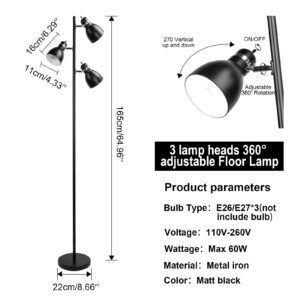 JEUNEU Black Metal Tree Floor Lamp Modern Standing Tall Pole Lamp with 3 Adjustable Rotating Lights Floor Lamps for Living Room Bedroom Office