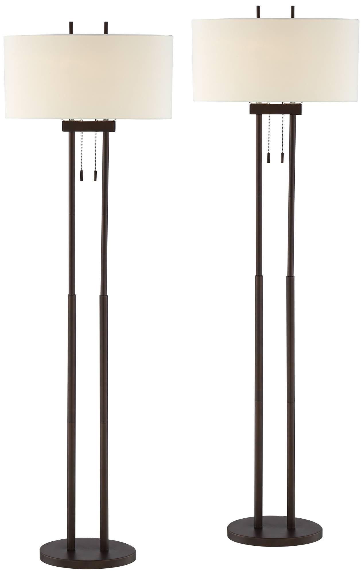 Franklin Iron Works Roscoe Modern 62" Tall Standing Floor Lamps Set of 2 Lights Twin Pole Pull Chain Brown Roman Bronze Finish Living Room Bedroom House Reading Office Home Decor Entryway Dining