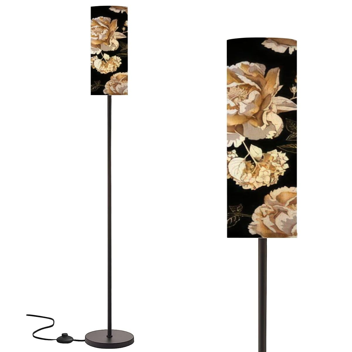 Modern Standing Lamps floral Gold Peony Hydrangea Rose flowers leaves a Minimalist Floor Lamp Metal Pole Lamp with Linen Lampshade for Bedroom Living Room Office Nursery Reading Foot Switch