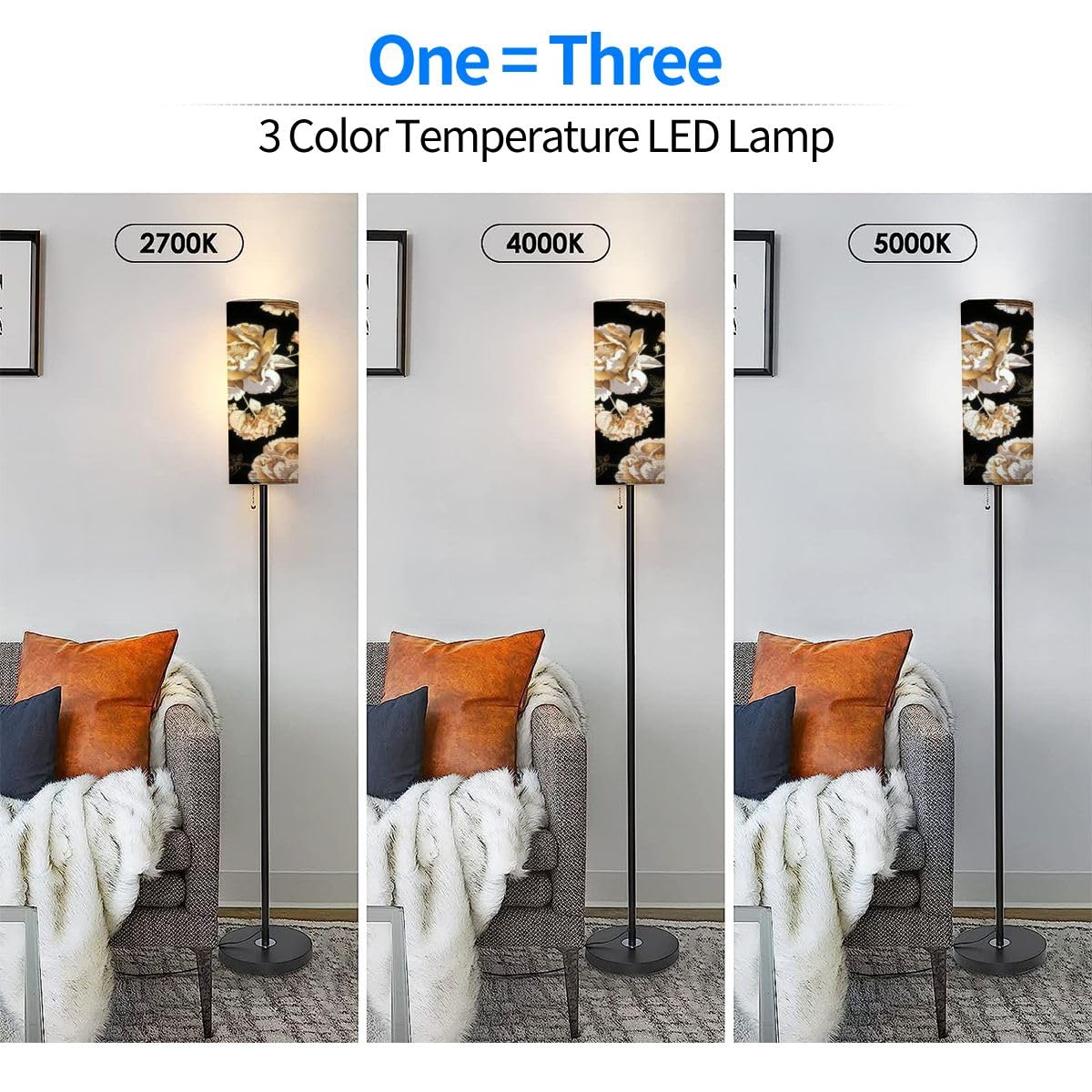 Modern Standing Lamps floral Gold Peony Hydrangea Rose flowers leaves a Minimalist Floor Lamp Metal Pole Lamp with Linen Lampshade for Bedroom Living Room Office Nursery Reading Foot Switch