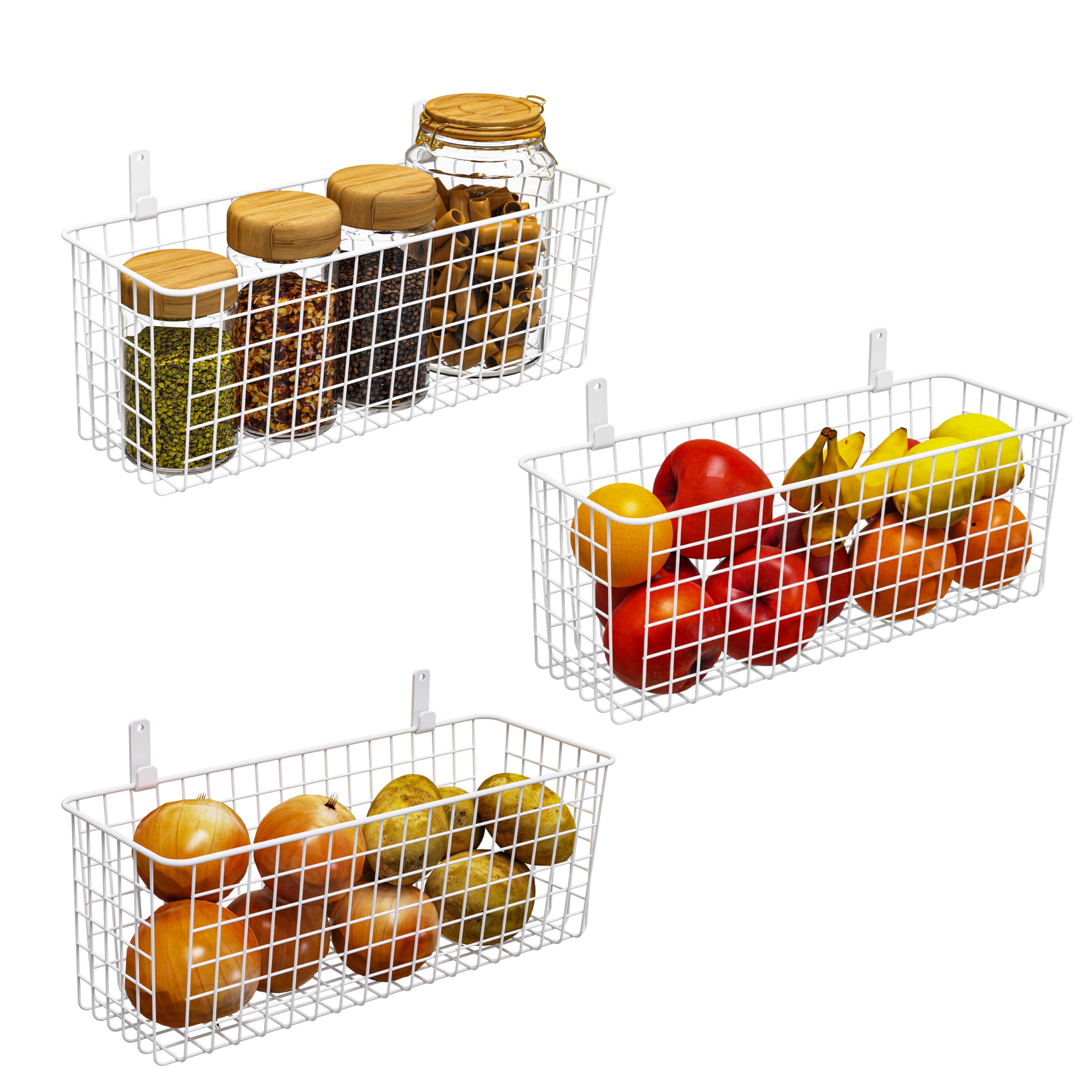 Joben Oligey 3 Set [Extra Large] Hanging Wall Wire Baskets, Farmhouse Food Storage Kitchen Pantry Laundry Closet Garage RV, White