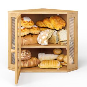 bmosu corner bread box for kitchen countertop double layer large capacity bread storage bin farmhouse bread container breadbox bamboo wooden bread storage and organizer (natural, medium)