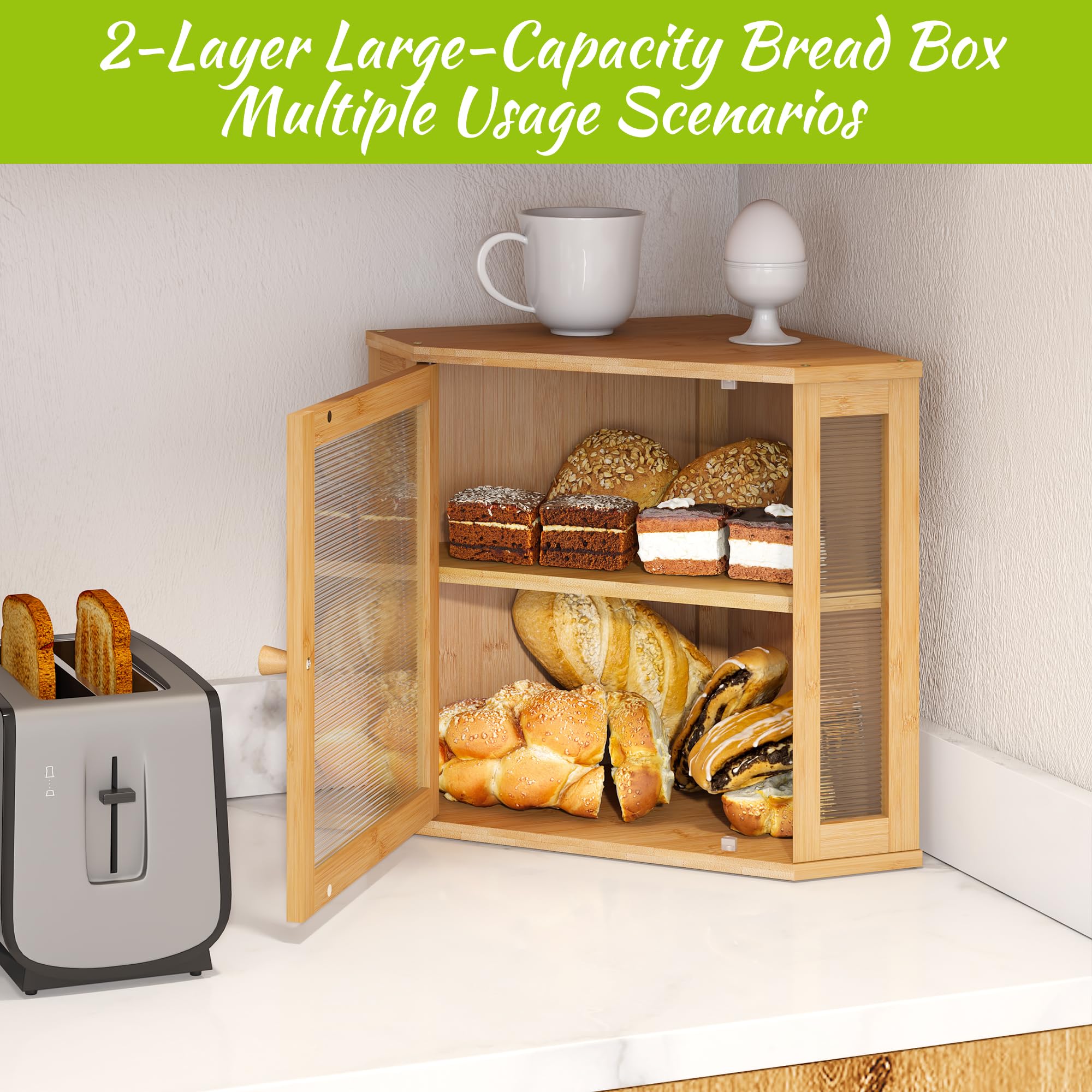 BMOSU Corner Bread Box for Kitchen Countertop Double Layer Large Capacity Bread Storage Bin Farmhouse Bread Container Breadbox Bamboo Wooden Bread Storage And Organizer (Natural, Medium)