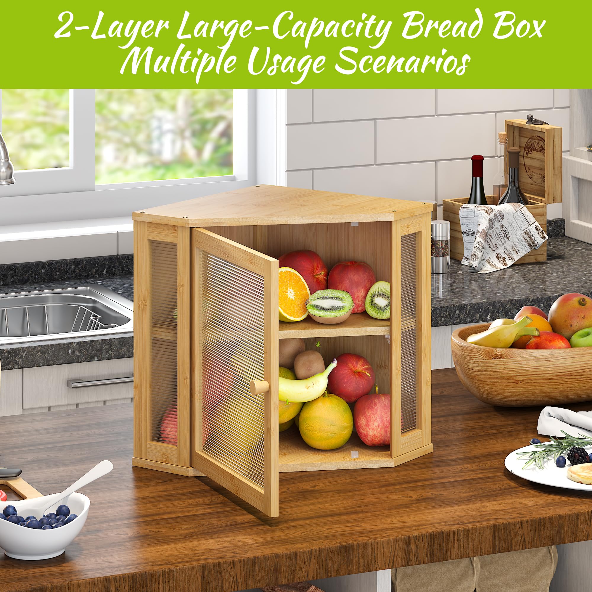 BMOSU Corner Bread Box for Kitchen Countertop Double Layer Large Capacity Bread Storage Bin Farmhouse Bread Container Breadbox Bamboo Wooden Bread Storage And Organizer (Natural, Medium)