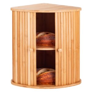 bamboo bread box for kitchen countertop tomkid farmhouse corner bread box 2 layer bread storage container, extra large bread boxes, 15.1 in x 11.8 in x 16.8 in (assembly required)