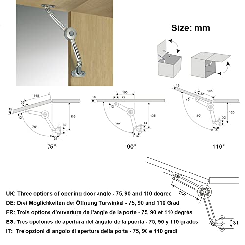 2 Packs [Upgraded] Qrity Cabinet Cupborad Furniture Door Lift Stay Support Hinge Damper - Support Up to 20KG - Opening Angle 75°/90°/110° - Come with Hex Key