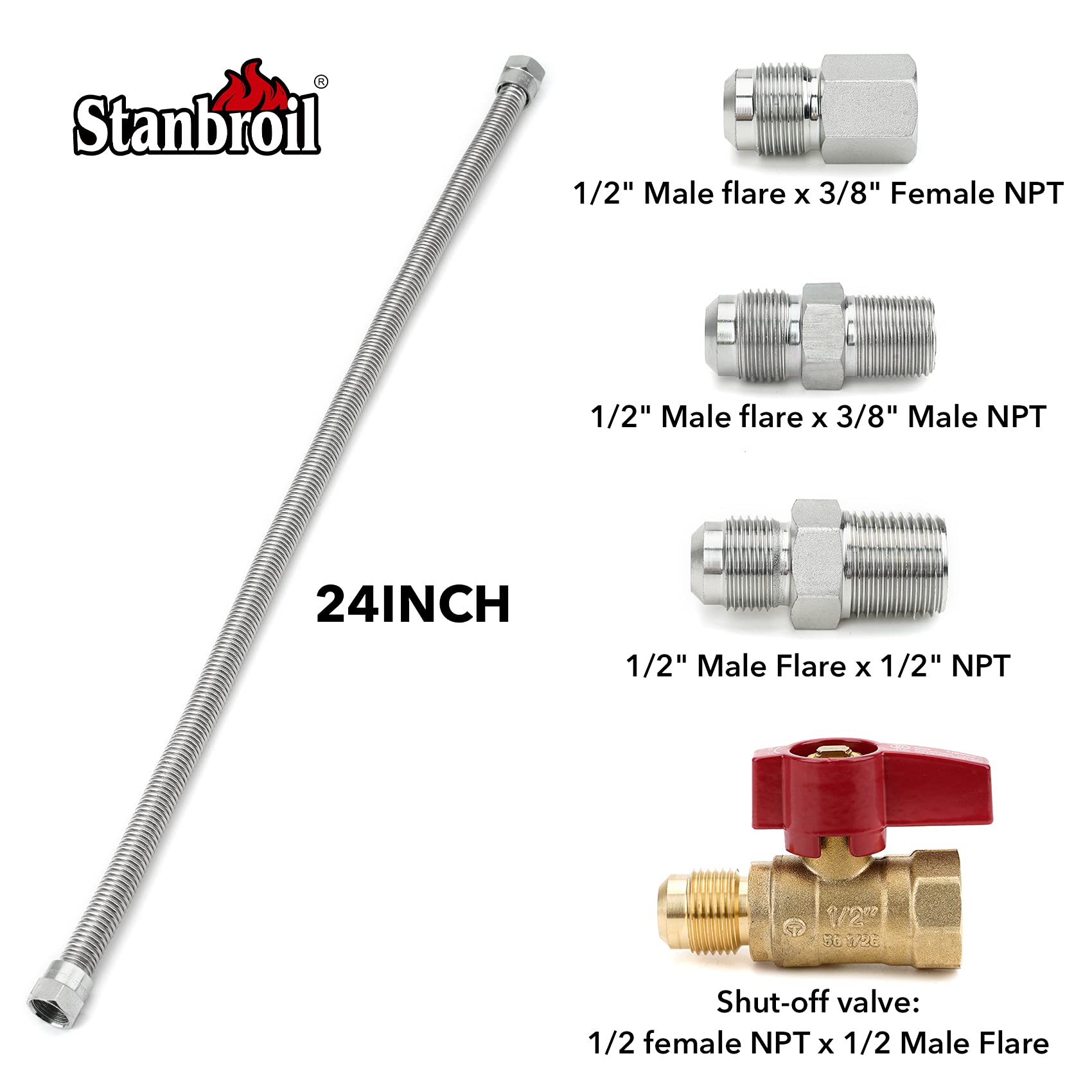 Stanbroil One Stop Gas Appliance Hook Up Kit - Brass Gas Ball Valve and Flexible Gas Connector with Fittings for Garage Heaters, Gas Stoves, Wall Mounted Heaters, Gas Fireplace and Gas Dryer