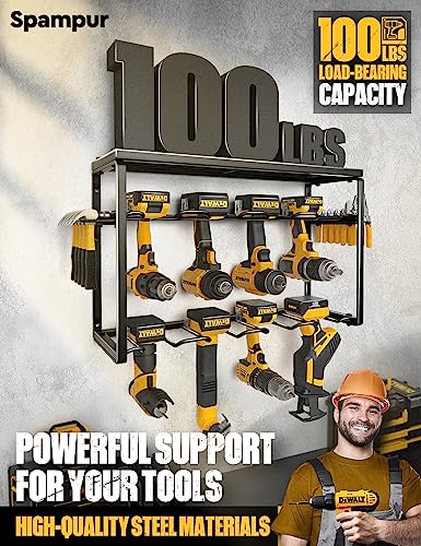 Spampur Power Tool Organizer, 8 Drill Holders Wall Mount, 3 Layer Heavy Duty Metal Storage for Garage Organization, Tools Storage with Hooks, Screwdriver Hammer Holder, Father's Day Men Gifts