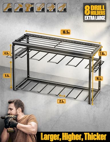 Spampur Power Tool Organizer, 8 Drill Holders Wall Mount, 3 Layer Heavy Duty Metal Storage for Garage Organization, Tools Storage with Hooks, Screwdriver Hammer Holder, Father's Day Men Gifts