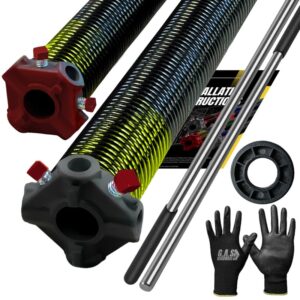 garage door torsion springs 207x1.75x24 includes 1” nylon bushing, gloves, and winding bars for left and right side of garage door precision e-coating 5-year warranty min. 30,000 cycles (pair)