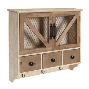 kate and laurel hutchins wooden farmhouse wall cabinet, 21 x 6 x 20, rustic brown and white, decorative rustic cabinet with three drawers and 2 chicken wire doors