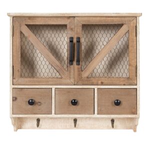 Kate and Laurel Hutchins Wooden Farmhouse Wall Cabinet, 21 x 6 x 20, Rustic Brown and White, Decorative Rustic Cabinet with Three Drawers and 2 Chicken Wire Doors