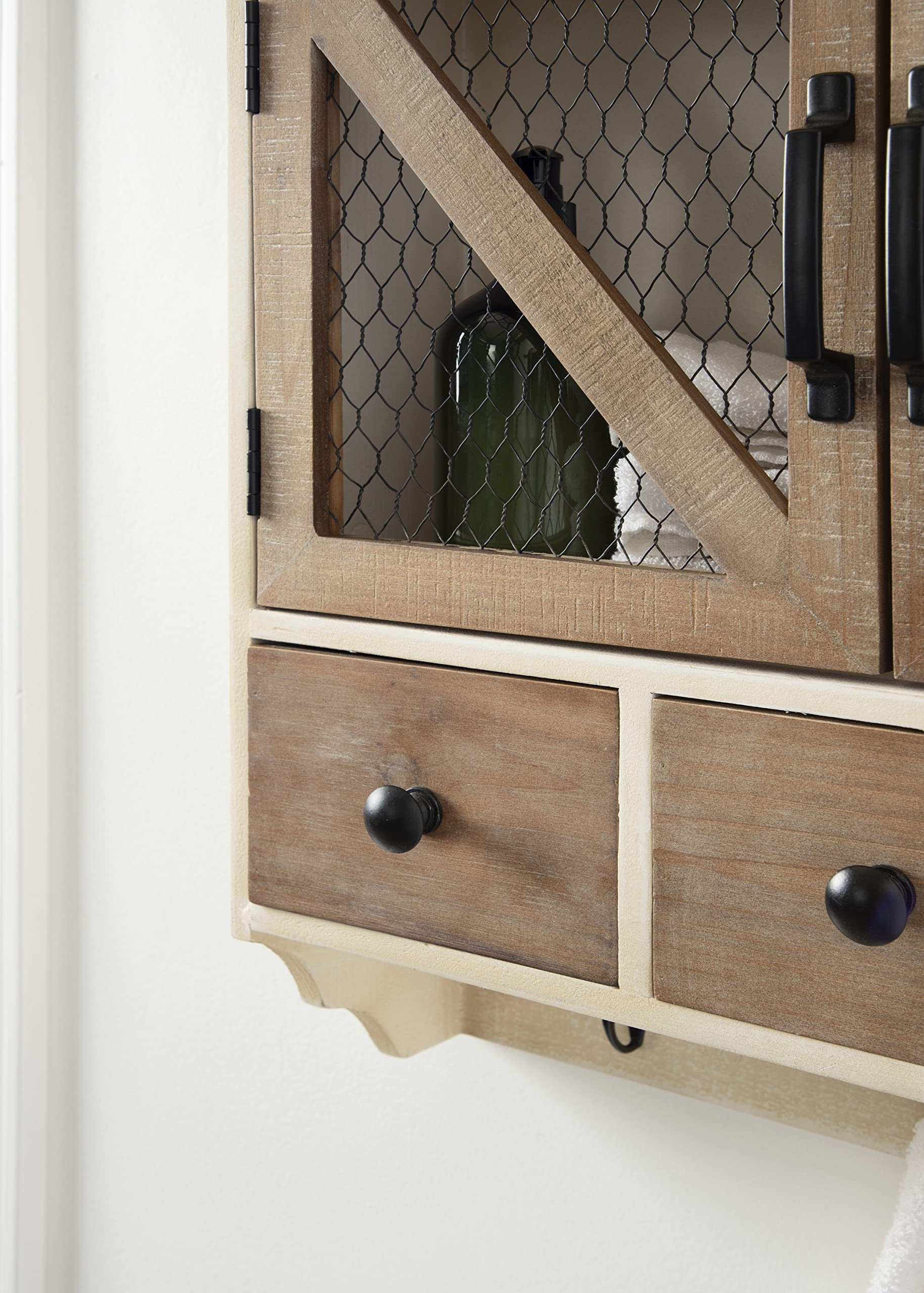 Kate and Laurel Hutchins Wooden Farmhouse Wall Cabinet, 21 x 6 x 20, Rustic Brown and White, Decorative Rustic Cabinet with Three Drawers and 2 Chicken Wire Doors