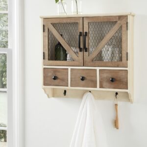 Kate and Laurel Hutchins Wooden Farmhouse Wall Cabinet, 21 x 6 x 20, Rustic Brown and White, Decorative Rustic Cabinet with Three Drawers and 2 Chicken Wire Doors