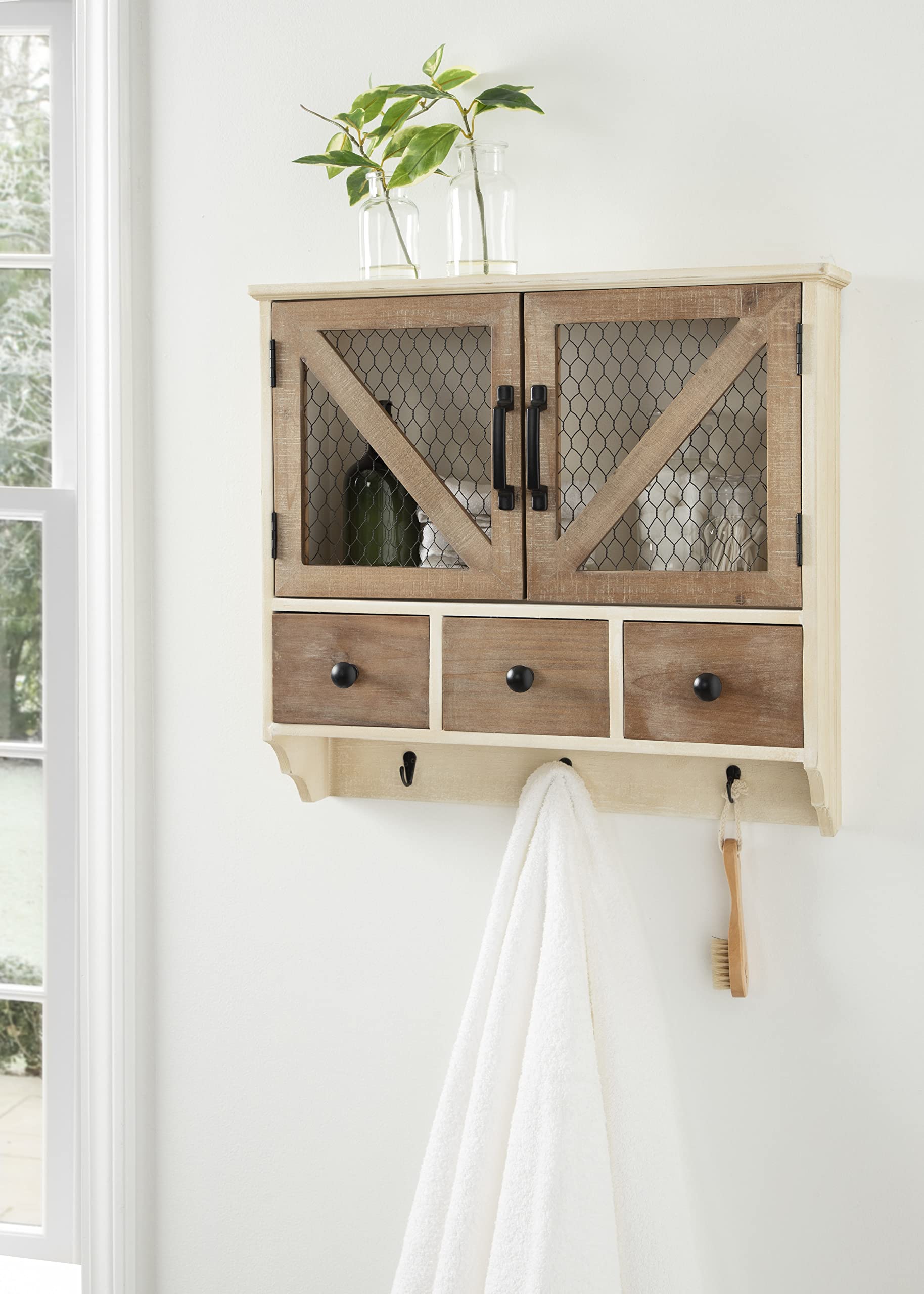 Kate and Laurel Hutchins Wooden Farmhouse Wall Cabinet, 21 x 6 x 20, Rustic Brown and White, Decorative Rustic Cabinet with Three Drawers and 2 Chicken Wire Doors