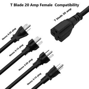 6-Ft Nema 5-20P Extension Cord 12AWG Nema 5-20 Heavy-Duty Extension Cord 6Ft,Nema 5-20P to 5-20R/15R,5-20P to 6-15R/20R 20 AMP T-Blade Plug Adapter-Cable,125V 20A AC Power Extension Cord