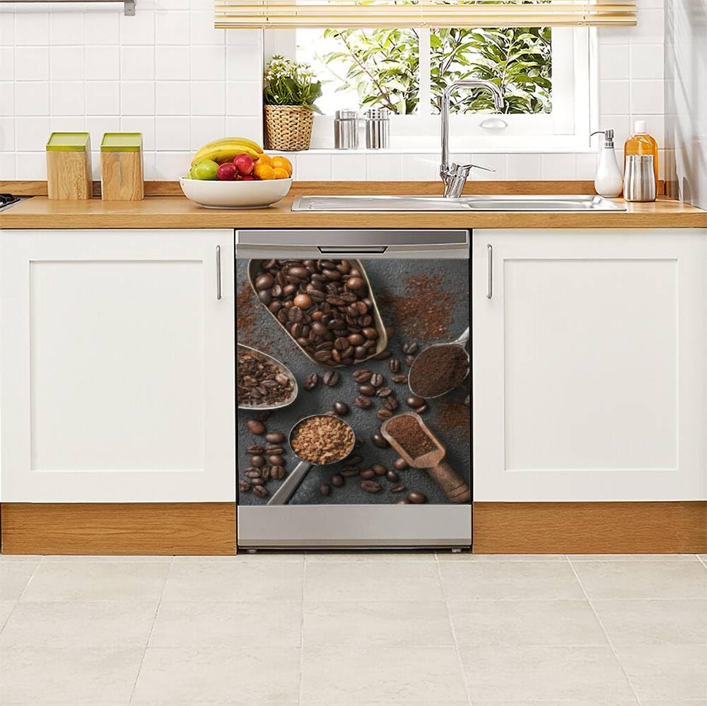 Dishwasher Magnet Cover Ground Bean Coffee Freeze Dried Instant Coffee granules Various Spoons Magnetic Refrigerator Stickers Decorative Appliance Cover Fridge Panels Metal Door Garage 23x26in