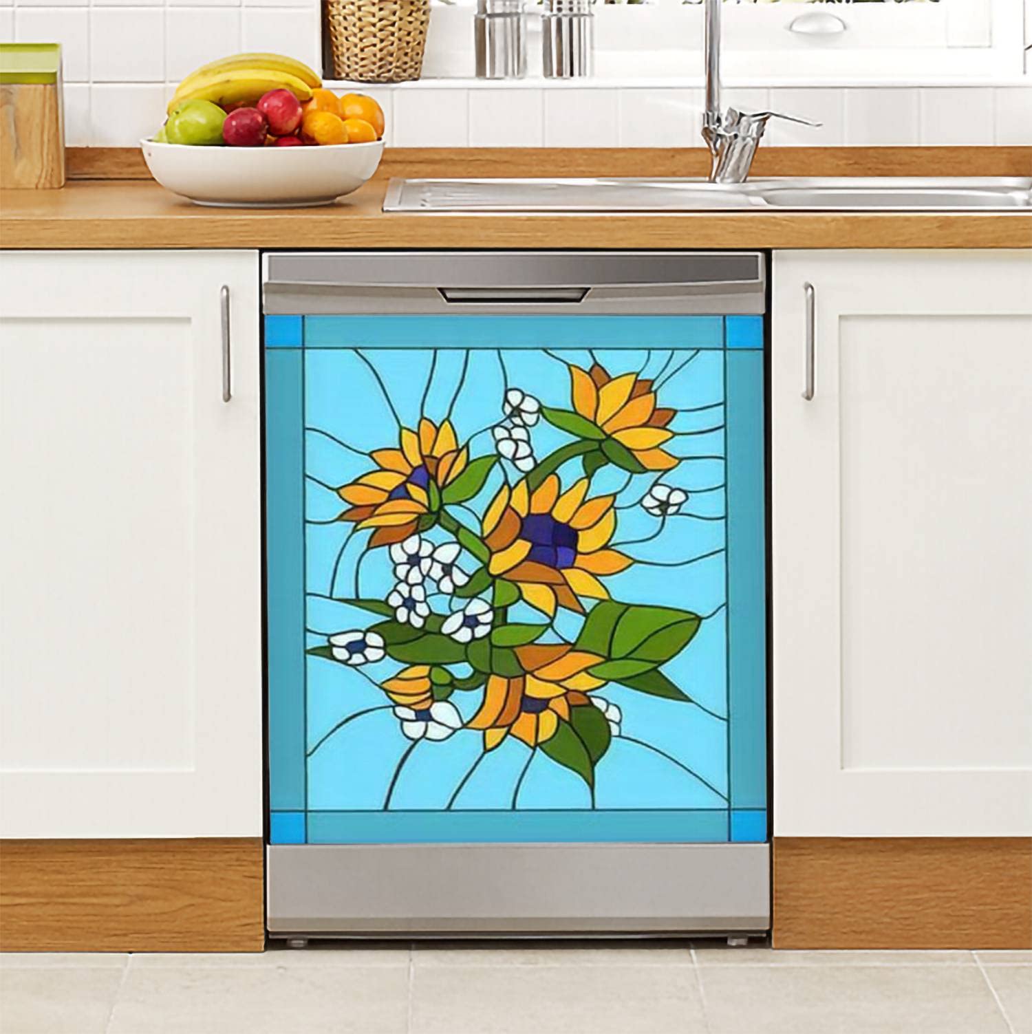 Dishwasher Magnet Cover Flowers and Sunflowers with Buds in Stained Glass Window Magnetic Refrigerator Stickers Decorative Appliance Cover Fridge Panels Metal Door Garage 23x26in