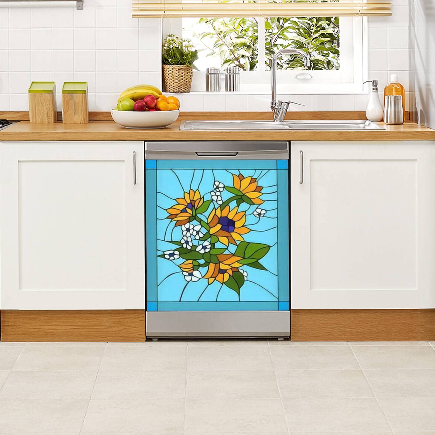 Dishwasher Magnet Cover Flowers and Sunflowers with Buds in Stained Glass Window Magnetic Refrigerator Stickers Decorative Appliance Cover Fridge Panels Metal Door Garage 23x26in