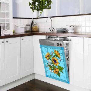 Dishwasher Magnet Cover Flowers and Sunflowers with Buds in Stained Glass Window Magnetic Refrigerator Stickers Decorative Appliance Cover Fridge Panels Metal Door Garage 23x26in