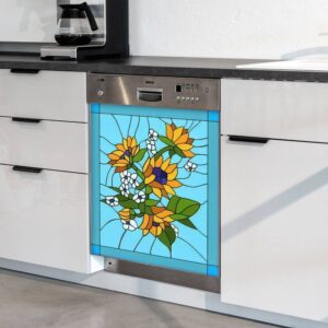 Dishwasher Magnet Cover Flowers and Sunflowers with Buds in Stained Glass Window Magnetic Refrigerator Stickers Decorative Appliance Cover Fridge Panels Metal Door Garage 23x26in