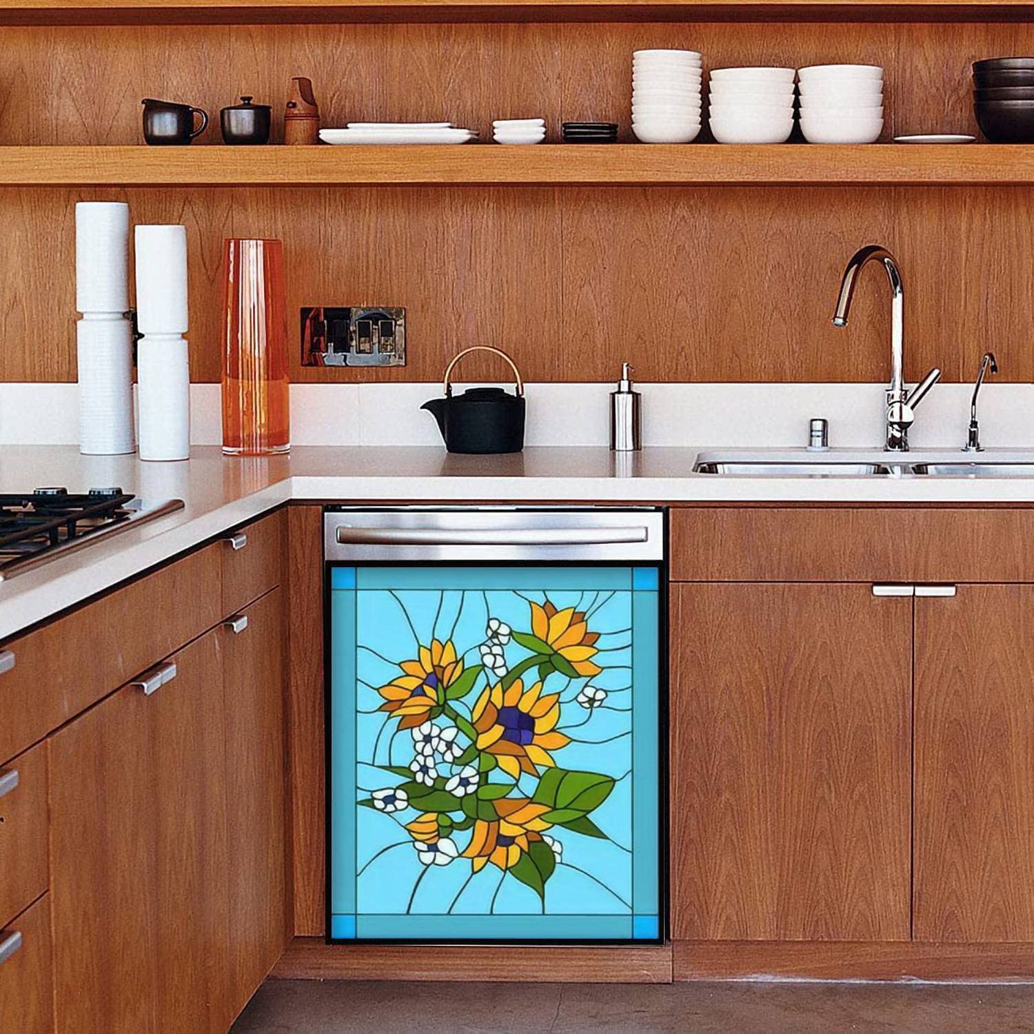 Dishwasher Magnet Cover Flowers and Sunflowers with Buds in Stained Glass Window Magnetic Refrigerator Stickers Decorative Appliance Cover Fridge Panels Metal Door Garage 23x26in