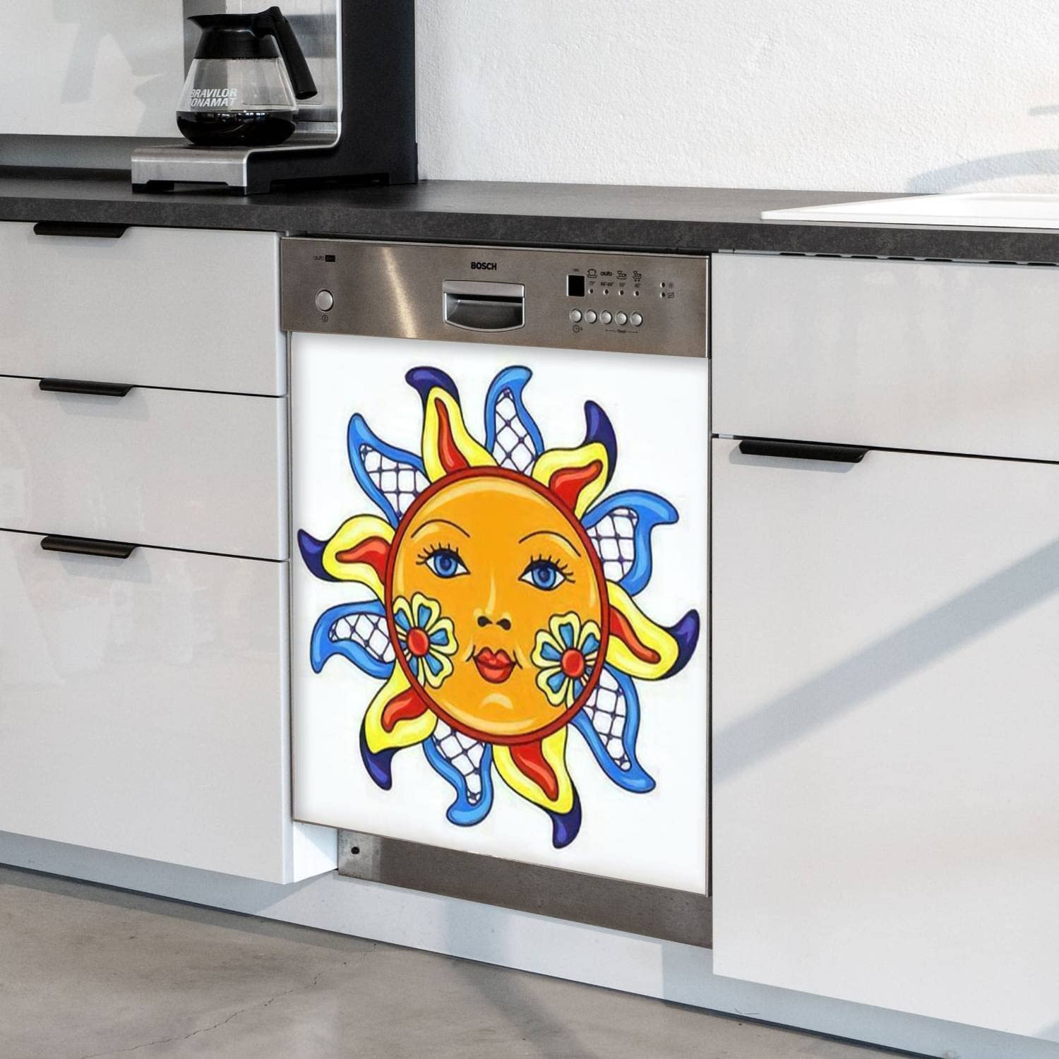 Dishwasher Magnet Cover Mexican Sun with Ornamental Flowers Traditional Decorative Object Magnetic Refrigerator Stickers Decorative Appliance Cover Fridge Panels Metal Door Garage 23x26in