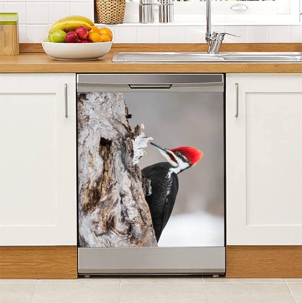 Dishwasher Magnet Cover Male Pileated Woodpecker Winter Magnetic Refrigerator Stickers Decorative Appliance Cover Fridge Panels Metal Door Garage 23x26in Creative Gift Idea for Bird Lovers