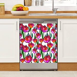 dishwasher magnet cover stained glass style floral modern blooming peonies retro textile magnetic refrigerator stickers decorative appliance cover fridge panels metal door garage 23x26in