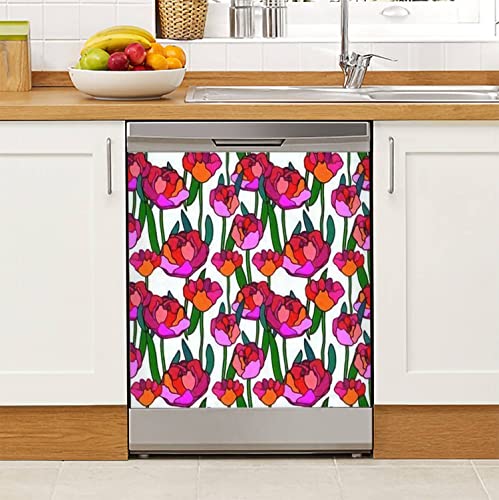 Dishwasher Magnet Cover Stained Glass Style Floral Modern Blooming Peonies Retro Textile Magnetic Refrigerator Stickers Decorative Appliance Cover Fridge Panels Metal Door Garage 23x26in