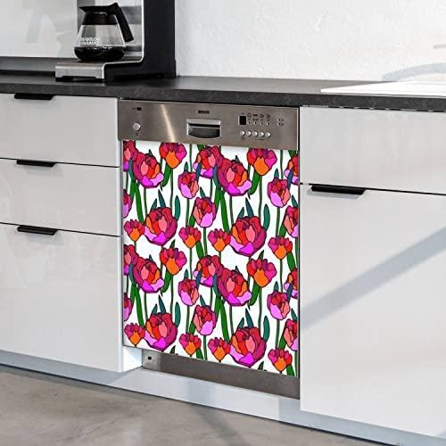 Dishwasher Magnet Cover Stained Glass Style Floral Modern Blooming Peonies Retro Textile Magnetic Refrigerator Stickers Decorative Appliance Cover Fridge Panels Metal Door Garage 23x26in