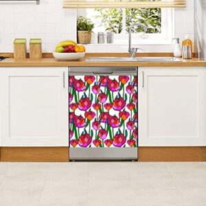 Dishwasher Magnet Cover Stained Glass Style Floral Modern Blooming Peonies Retro Textile Magnetic Refrigerator Stickers Decorative Appliance Cover Fridge Panels Metal Door Garage 23x26in