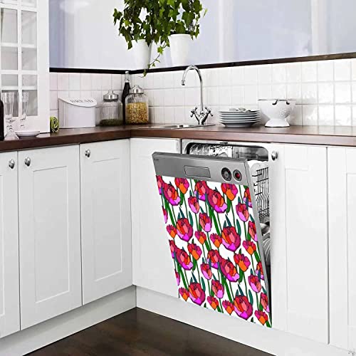 Dishwasher Magnet Cover Stained Glass Style Floral Modern Blooming Peonies Retro Textile Magnetic Refrigerator Stickers Decorative Appliance Cover Fridge Panels Metal Door Garage 23x26in