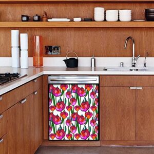 Dishwasher Magnet Cover Stained Glass Style Floral Modern Blooming Peonies Retro Textile Magnetic Refrigerator Stickers Decorative Appliance Cover Fridge Panels Metal Door Garage 23x26in