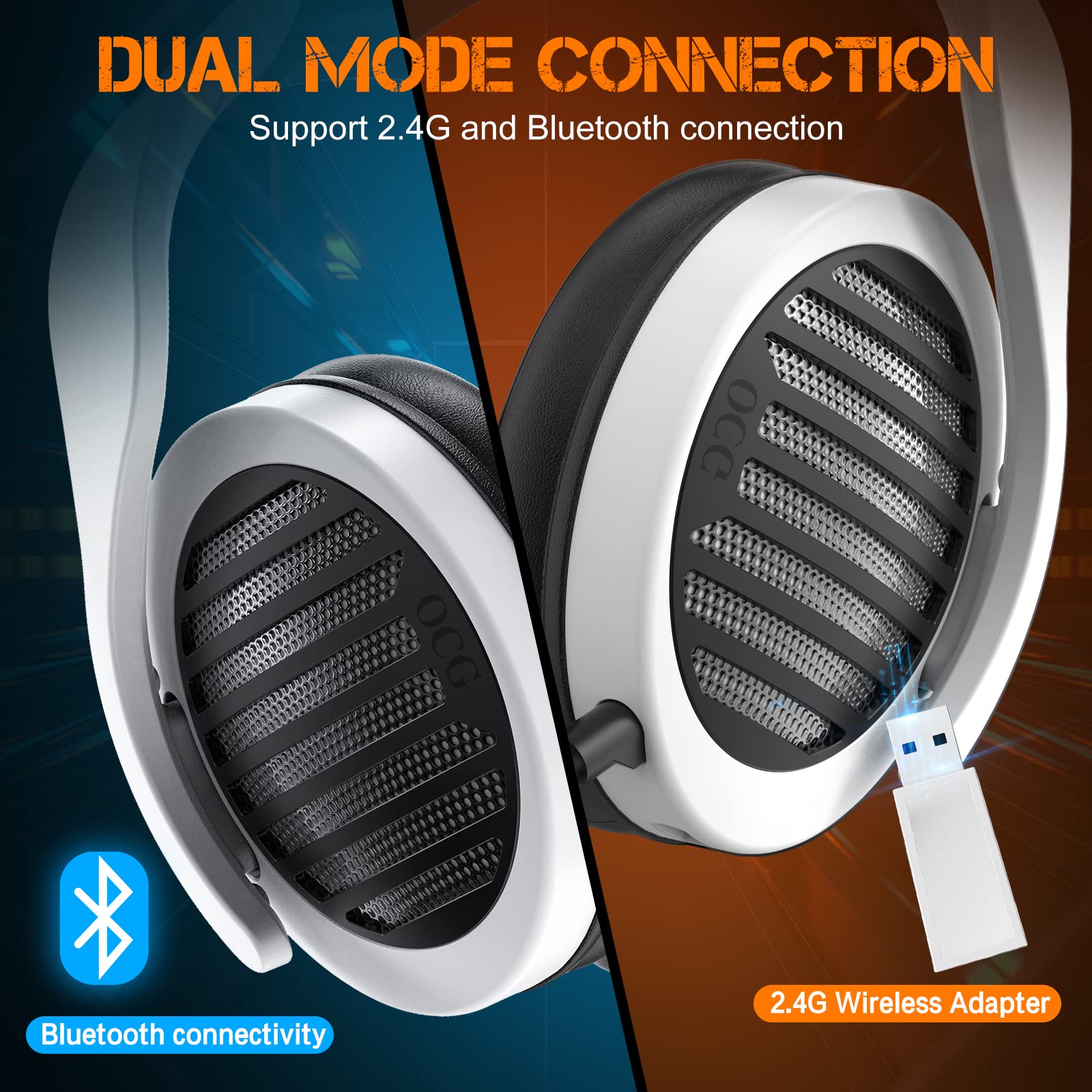 OCG Gaming Headset Dual Wireless Lossless 2.4G Bluetooth Gaming Headphones with Detachable Microphone 50mm Speakers - for PC, PS4, PS5,Smartphone,MacBook,Notebook,Tablet White