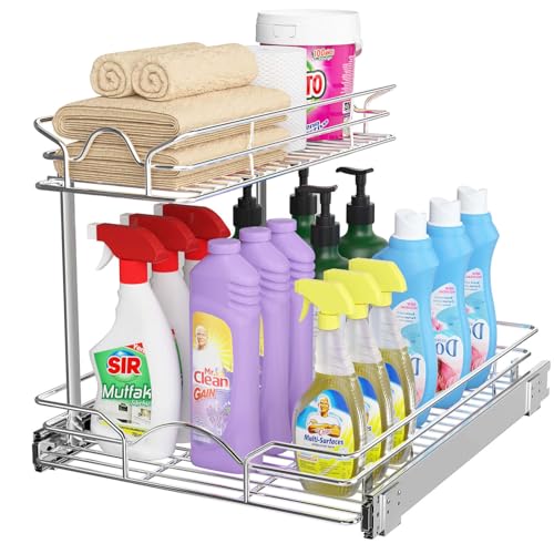 OCG Under Sink Cabinet Organizer Two Tier Pull Out Shelf (14.75W x 21D), Under Sink Sliding Shelf for Kitchen Bathroom Cabinet 2 Tier Chrome