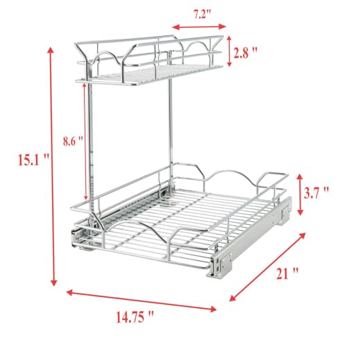 OCG Under Sink Cabinet Organizer Two Tier Pull Out Shelf (14.75W x 21D), Under Sink Sliding Shelf for Kitchen Bathroom Cabinet 2 Tier Chrome