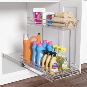 OCG Under Sink Cabinet Organizer Two Tier Pull Out Shelf (14.75W x 21D), Under Sink Sliding Shelf for Kitchen Bathroom Cabinet 2 Tier Chrome