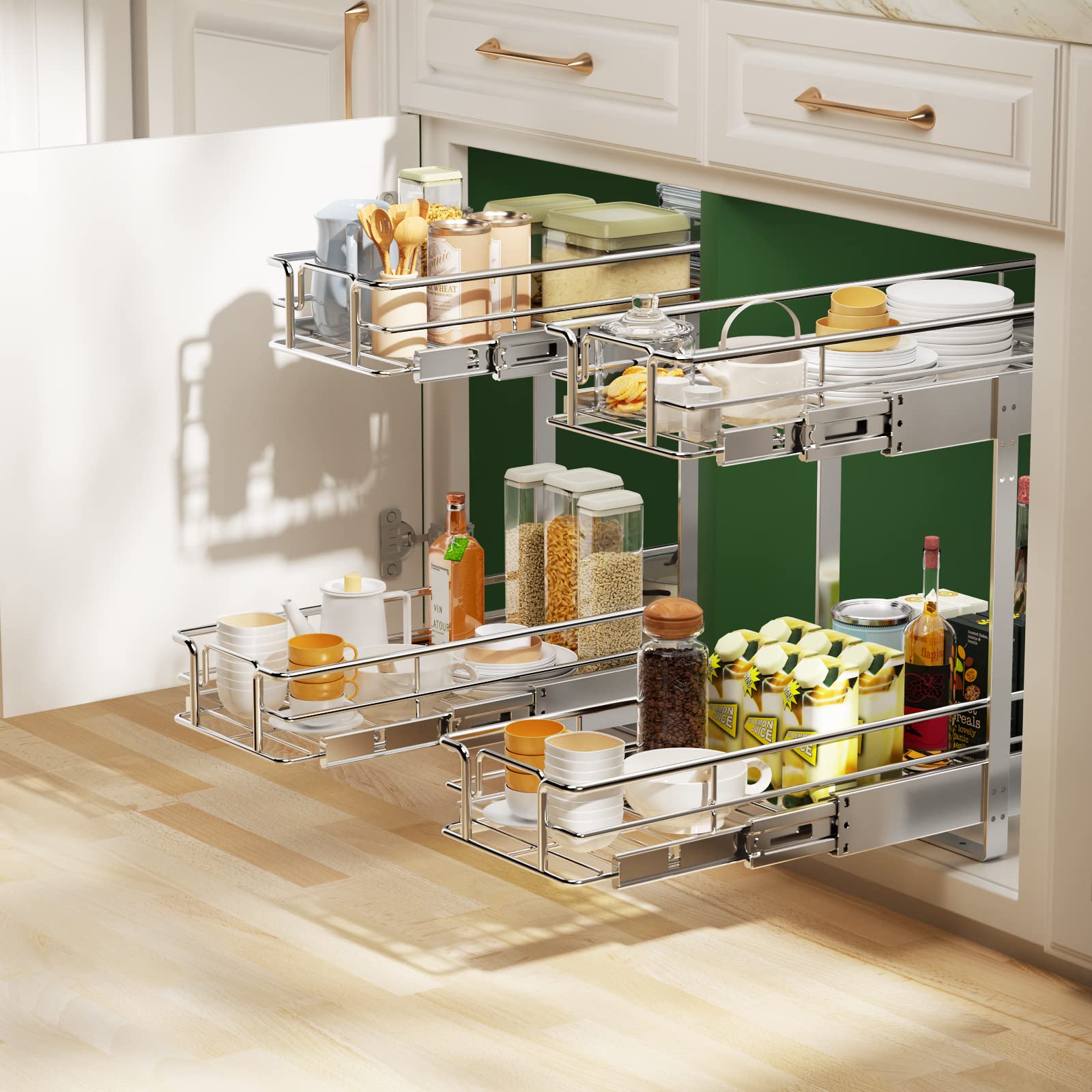 LOVMOR 2 Tier Individual Pull Out Cabinet Organizer 7½" W x 21½" D, Slide Out Kitchen Cabinet Storage Sliding Shelves