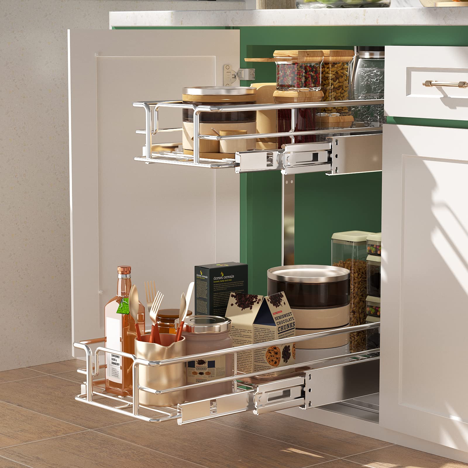 LOVMOR 2 Tier Individual Pull Out Cabinet Organizer 7½" W x 21½" D, Slide Out Kitchen Cabinet Storage Sliding Shelves