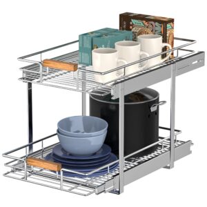 mount walker individual pull out cabinet organizer(11" w x 21" d), 2 tier wire basket slide out shelf storage with wood handle for base cabinet, pull out shelf drawers for kitchen, chrome