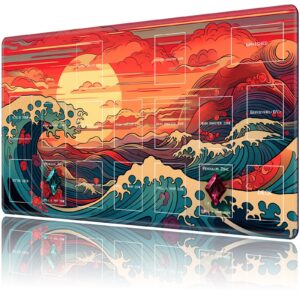 playmat for ocg, game play mat for tcg ccg 24 x 14 inch with non-slip rubber base and stitched for board games and table magic, orange waves