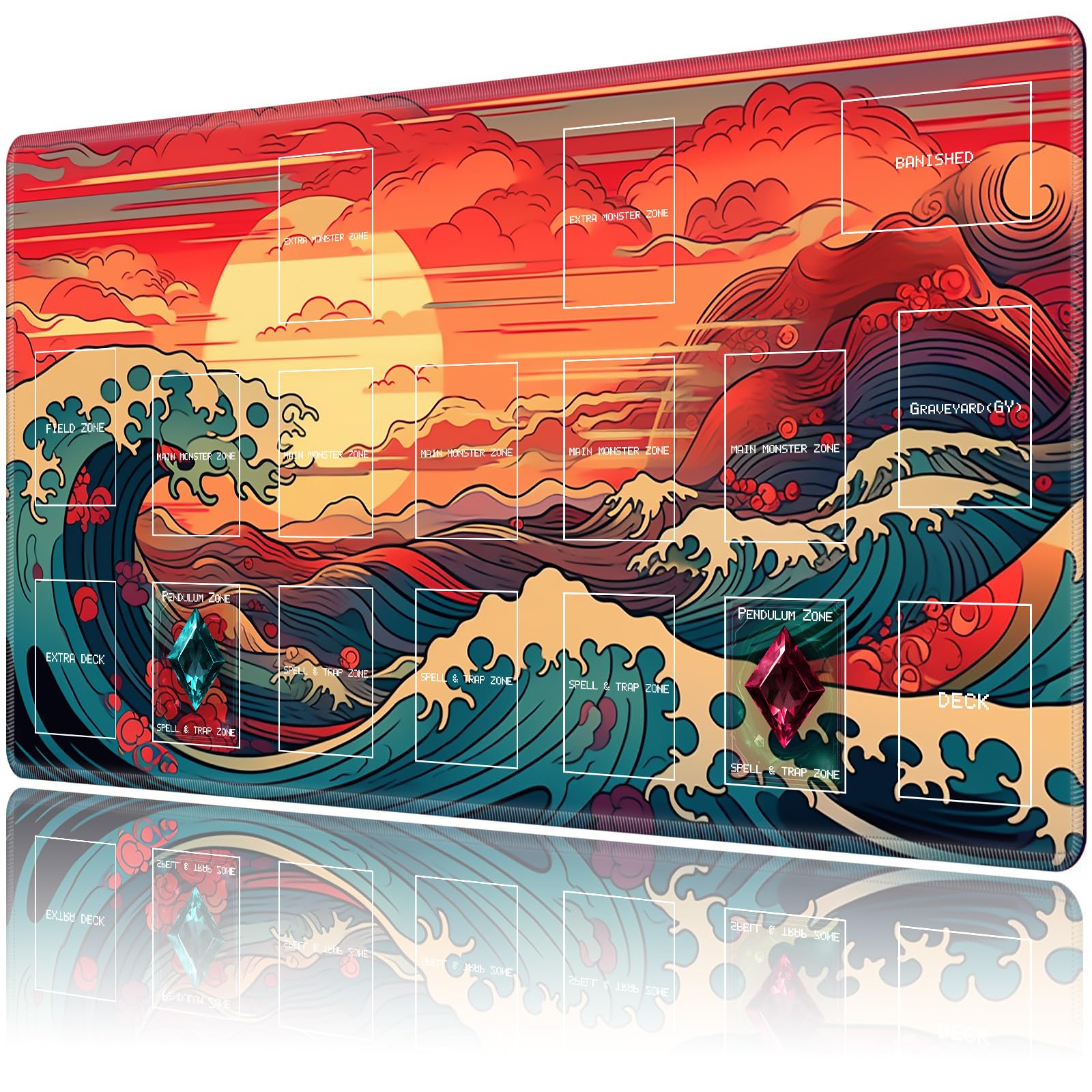 Playmat for OCG, Game Play Mat for TCG CCG 24 x 14 inch with Non-Slip Rubber Base and Stitched for Board Games and Table Magic, Orange Waves